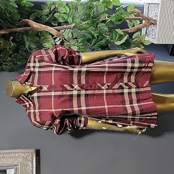 Shana | Tops | Shana Burgundy Plaid Button Up Long Sleeve Tunic Blouse ...